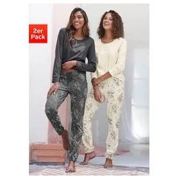 Pyjama Vivance DREAMS, Damen, Gr. 32/34, schwarz (anthrazit, creme), Single Jersey, Obermaterial: 100% Baumwolle, geblümt, gemustert, Basic, Basic lang, Rundhals, breiter Bund, Homewear-Sets, mit feinen Blumenzweigen, Topseller