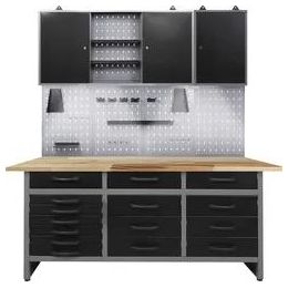 Werkstatt-Set ONDIS24, schwarz (anthrazit, schwarz, grau), B:160cm H:205cm T:60cm, Edelstahl, Werkbänke, 160 cm, mit LED