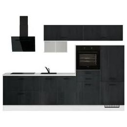 Küchenzeile IMPULS KÜCHEN ""München", Ausrichtung wählbar, Schubkästen mit Soft-Close", küche: schwarz, front: eiche, nachbildung schwarz, korpus: weiß, arbeitsplatte: weiß, B:300cm H:213,4cm T:60cm, Komplettküchen-Sets, vormontiert, wahlweise mit E-Geräten