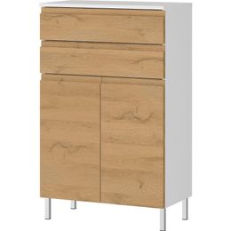 Stauraumkommode, Badschrank mit Schubladen, 60x34x97, in Wei&szlig; und Grandson-Eiche, Chromf&uuml;&szlig;e, Grifflose, "Veer"-Serie KADIMA DESIGN