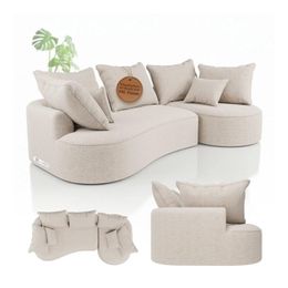 Juskys Sofa Tirano - Ecksofa L-Form, inkl. Kissen, 4-Sitzer Eckcouch, Boucl&eacute; Creme & Ottomane rechts