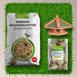 Wildvogelfutter Komplett-Set: Meisenknödel mit Insekten 100 Stk. à ca. 90g netzlos, hängendes Futterhaus aus Kiefernholz 42x24cm, Wildvogelfutter scha