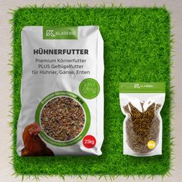 Set Hühnerfutter mit Insekten 30kg - Premium Geflügelfutter 25kg, Getrocknete Schwarzkopfmaden 5kg