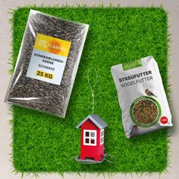 Vogelfutter Starter Set: Streufutter Wildv&ouml;gel 10 kg, Sonnenblumenkerne 25 kg, Futterhaus rot 1 Stk.