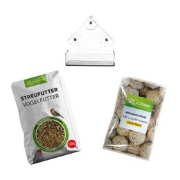 Vogelfutter Basis Set mit Futterhaus – Premium Streufutter 10 kg, Futterhaus für Fensterscheibe 1 Stk, Meisenknödel ohne Netz 100 Stk