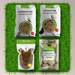 Premium Wildvogel Futter-Set - Streufutter 10kg, getrocknete Soldatenfliegenlarven 5kg, Fettkugeln 100 Stk. à 90g, Hochenergie Suet-Mix 10kg