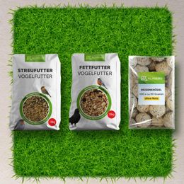Vogelfutter Ganzjahres Set: Streufutter 10kg, Fettfutter 10kg, Insektenfettbällchen 100 Stk. ohne Netz