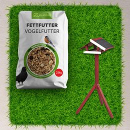 Vogelfutter Komplett Set 25kg – Premium Wildvogelfutter 25kg, Stehendes Vogelfutterhaus mit Ständer aus Holz rot/weiß 1 Stk.