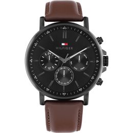 Multifunktionsuhr Tommy Hilfiger "TYSON", schwarz (braun, schwarz), Armbanduhren, Herren, Quarzuhr, Armbanduhr, Herrenuhr, Lederarmband, analog