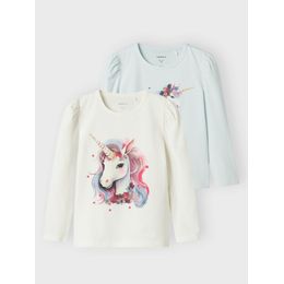 Langarmshirt name it "NMFKRULLE 2P LS TOP BOX", Mädchen, Gr. 92, country air pack:cloud dancer, Jersey, Obermaterial: 95% Baumwolle, 5% Elasthan, bedruckt, regular fit normal, Rundhals, Shirts