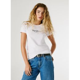 T-Shirt Pepe Jeans "NEW VIRGINIA", Damen, Gr. XL/42, weiß (weiß 100), Single Jersey, Obermaterial: 95% Baumwolle, 5% Elasthan, bedruckt, figurumspielend hüftlang, Rundhals, Shirts, mit Logo-Print
