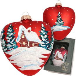 Christbaumschmuck KREBS GLAS LAUSCHA "Herz mit verschneitem Haus", rot, B:6cm H:6cm T:9cm, Glas, Weihnachtsbaumschmuck, Weihnachtsbaumschleife Weihnachtsbaumschmuck Weihnachtsanhänger Weihnachtsbaumklammer Weihnachtsbaumspitze, Christbaumschmuck aus Glas, mundgeblasen, handgefertigt, herzförmig