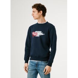 Sweatshirt Pepe Jeans "TREY CREW", Herren, Gr. M, blau (dulwich blau), Sweatware, Obermaterial: 70% Baumwolle, 30% Polyester, bedruckt, regular fit, Rundhals, Rippbündchen, Sweatshirts, Regular Fit mit Rundhals