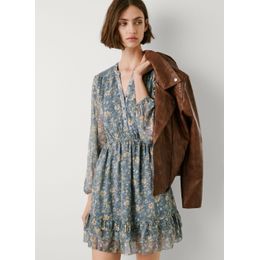 Blusenkleid Pepe Jeans "LONDYN DRESS", Damen, Gr. L, N-Gr, blau, Chiffon, Obermaterial: 100% Polyester, geblümt, mini, Rundhals, elastischer Bund, Kleider, tailliert, mit elastischem Bündchen
