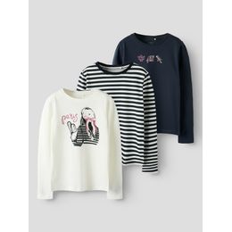 Langarmshirt name it "NKFNIANA 3P LS TOP", Mädchen, Gr. 122/128, schwarz sapphire pack:schwarz sapphire, cloud dancer, stripes, Jersey, Obermaterial: 100% Baumwolle, gestreift, regular fit, Rundhals, Shirts