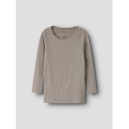 Langarmshirt name it "NMFKAB LS TOP NOOS", Mädchen, Gr. 104, satellite detail:melange, Feinripp, Obermaterial: 57% Baumwolle, 38% Modal, 5% Elasthan, meliert, unifarben, regular fit hüftbedeckend, Rundhals, abgesteppte Kante, Shirts, in Feinripp und mit süßer Spitzenkante am Ausschnitt