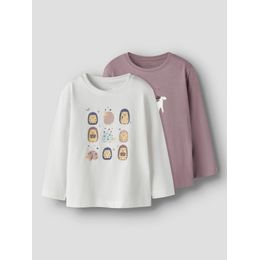 name it Mädchen Langarmshirt "NMFVEEN 2P LS NREG TOP"toadstool pack:hellweiß, hedgehogs, Gr. 110, bedruckt, unifarben, Jersey, Obermaterial: 100%