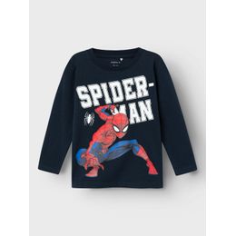 Langarmshirt name it "NMMNAZA SPIDERMAN LS TOP NOOS MAR", Jungen, Gr. 104, blau (schwarz sapphire), Jersey, Obermaterial: 95% Baumwolle, 5% Elasthan, bedruckt, regular fit normal, Rundhals, Shirts Langarmshirt