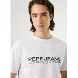 T-Shirt Pepe Jeans "MATTHEW TEE", Herren, Gr. L, weiß, Jersey, Obermaterial: 100% Baumwolle, bedruckt, regular fit, Rundhals, abgesteppte Kante, Shirts, Regular Fit mit Rundhals