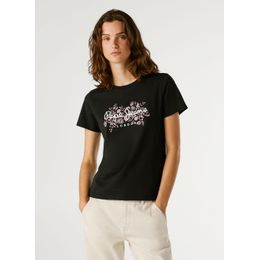 T-Shirt Pepe Jeans "BERO", Damen, Gr. L, schwarz, Single Jersey, Obermaterial: 100% Baumwolle, bedruckt, slim fit, Rundhals, abgesteppte Kante, Shirts, Rundhals, mit Print