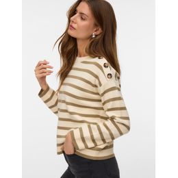 Véro Moda Rundhalspullover VERO MODA "VMSABA LS O-NECK BUTTON PULLOVER GA NOOS", Damen, Gr. XS, birch stripes:mermaid with horn button, Strick, Obermaterial: 50% Viskose, 28% Polyester, 22% Nylon, gestreift, taillenlang, Rundhals, Pullover, mit Zierknöpfen auf der linken Schulter