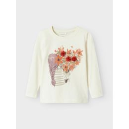 Langarmshirt name it "NMFOTREA LS TOP BOX", Mädchen, Gr. 104, weiß (cloud dancer), Jersey, Obermaterial: 100% Baumwolle, bedruckt, regular fit, Rundhals, Shirts