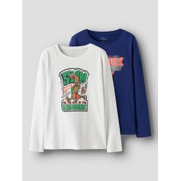 Langarmshirt name it "NKMVUX 2P LS TOP", Jungen, Gr. 122/128, weiß (hellweiß pack:sodalite blau, new york basket), Jersey, Obermaterial: 95% Baumwolle, 5% Elasthan, bedruckt, regular fit normal, Rundhals, Shirts