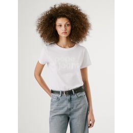 T-Shirt Pepe Jeans "ARIA", Damen, Gr. S, wei&szlig; (800wei&szlig;), Single Jersey, Obermaterial: 100% Baumwolle, unifarben, regular fit, Rundhals, abgesteppte Kante, Shirts T-Shirt, mit Ton-in-Ton Paillettenbesatz