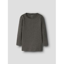 Langarmshirt name it "NMFKAB LS TOP NOOS", Mädchen, Gr. 104, delicioso detail:melange, Feinripp, Obermaterial: 57% Baumwolle, 38% Modal, 5% Elasthan, meliert, unifarben, regular fit hüftbedeckend, Rundhals, abgesteppte Kante, Shirts, in Feinripp und mit süßer Spitzenkante am Ausschnitt