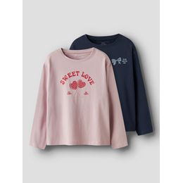 Langarmshirt name it "NKFVEEN 2P LS RLX TOP", Mädchen, Gr. 122/128, blau (burnished lila pack:navy blazer, bow), Jersey, Obermaterial: 100% Baumwolle, bedruckt, relaxed fit normal, Rundhals, Shirts