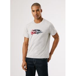 T-Shirt Pepe Jeans "TREY TEE", Herren, Gr. L, grau (light grau marl), Jersey, Obermaterial: 100% Baumwolle, bedruckt, regular fit, Rundhals, abgesteppte Kante, Shirts, mit Rundhals im Regular Fit