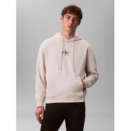 Sweatshirt Calvin Klein Jeans "LS EU 350TERRY MICRO MONOLOGO HO", Herren, Gr. L, grau (chalk), Sweatware, Obermaterial: 100% Baumwolle, regular fit normal, Rundhals, eingesetzt Bündchen, Sweatshirts, Kapuze, regular fit