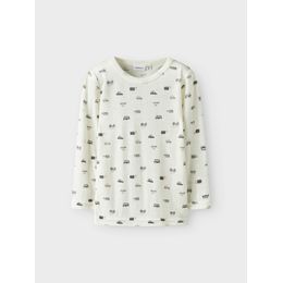 Langarmshirt name it "NMMWANG WOOL NEEDLE LS TOP NOOS", Jungen, Gr. 104, weiß (snow weiß aop:small cars), Rippware, Obermaterial: 100% Wolle, bedruckt, normal hüftbedeckend, Rundhals, Shirts, aus reiner Merinowolle