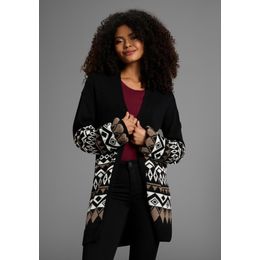 Longstrickjacke Kangaroos, Damen, Gr. 32/34, schwarz, Strick, Obermaterial: 60% Baumwolle, 40% Polyacryl, gemustert, figurumspielend lang, tiefer V-Ausschnitt, Rippbündchen, Strickjacken, in offener Form im Norweger Muster