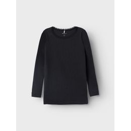 Langarmshirt name it "NMFKAB LS TOP NOOS", Mädchen, Gr. 104, schwarz, Feinripp, Obermaterial: 57% Baumwolle, 38% Modal, 5% Elasthan, unifarben, regular fit hüftbedeckend, Rundhals, abgesteppte Kante, Shirts, in Feinripp und mit süßer Spitzenkante am Ausschnitt