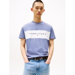 T-Shirt Tommy Jeans "TJM REG CBLK LINEAR LOGO TEE", Herren, Gr. L, blau (blau moment), Single Jersey, Obermaterial: 100% Baumwolle, regular fit hüftlang, Rundhals, Shirts