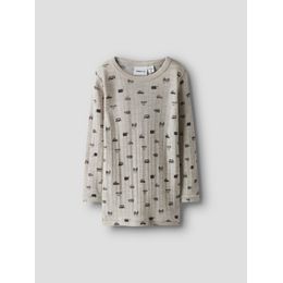 Langarmshirt name it "NMMWANG WOOL NEEDLE LS TOP NOOS", Jungen, Gr. 104, nacreous cloud aop:small cars, Rippware, Obermaterial: 100% Wolle, bedruckt, normal hüftbedeckend, Rundhals, Shirts, aus reiner Merinowolle