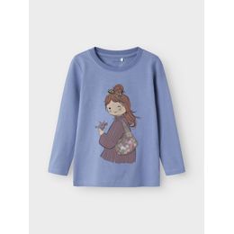 Langarmshirt name it "NMFOTREA LS TOP BOX", Mädchen, Gr. 104, blau (blau ice), Jersey, Obermaterial: 100% Baumwolle, bedruckt, regular fit, Rundhals, Shirts