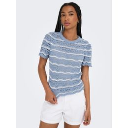 Kurzarmpullover Only "ONLANNASOFIA LIFE SS STRIPE O-NECK KNT", Damen, Gr. M (38), blau (forever blau stripes:cloud dancer), Strick, Obermaterial: 65% Baumwolle, 30% Polyester, 5% Polyamid, gestreift, regular fit, Rundhals, Pullover