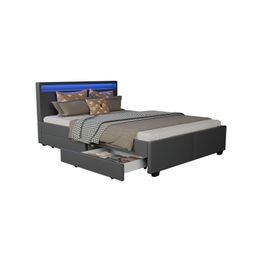 Juskys Polsterbett Lyon 140x200 cm mit Lattenrost, Bettkasten & LED Beleuchtung - grau