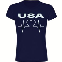 multifanshop Damen T-Shirt - USA - Herzschlag - Druck wei&szlig; - Frauen
