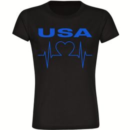 multifanshop Damen T-Shirt - USA - Herzschlag - Druck blau - Frauen