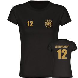 multifanshop Damen T-Shirt - Germany - Adler Retro Trikot 12 Gold - Druck gold metallic - Frauen