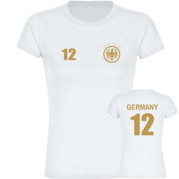 multifanshop Damen T-Shirt - Germany - Adler Retro Trikot 12 Gold - Druck gold metallic - Frauen