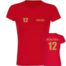 multifanshop Damen T-Shirt - M&uuml;nchen rot - Trikot Nummer 12 gold - Druck gold metallic - Frauen