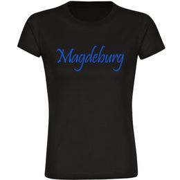 multifanshop Damen T-Shirt - Magdeburg - Schriftzug - Druck blau - Frauen
