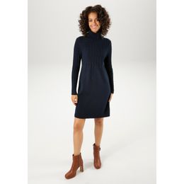 Strickkleid Aniston CASUAL, Damen, Gr. 34, N-Gr, blau (marine), Feinstrick, Obermaterial: 50% Viskose, 28% Polyester, 22% Polyamid, unifarben, figurumspielend kniefrei, Rippstrickbündchen, Kleider, mit Zopfmuster im Oberteil und den langen Ärmeln, Topseller