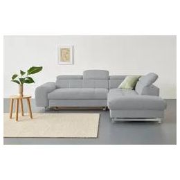 Ecksofa COTTA "Chef L-Form", grau (smoke), B:257cm H:72cm T:206cm, Luxus-Microfaser (100% Polyester);Kunstleder Softlux;Leder Advantage (abgedecktes Spalt-Rindsleder), Rückseite mit schwarzem Spannstoff bezogen;NaturLEDER (echtes Rindsleder), Rückseite mit schwarzem Spannstoff bezogen, Sofas, mit Kopfteilverstellung, edle Metallkufen, wahlweise mit Bettfunktion