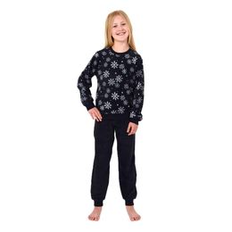Normann Warmer M&auml;dchen Schlafanzug Pyjama aus Coralfleece in navy | Gr.: 176