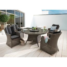 Destiny Garten-Essgruppe »LUNA« Set, 4x Sessel, 1x Tisch Ø 150x75cm mit Drehteller, inkl. Auflagen, 14 Stk. tlg. Aluminium, Polyrattan vintage grau...